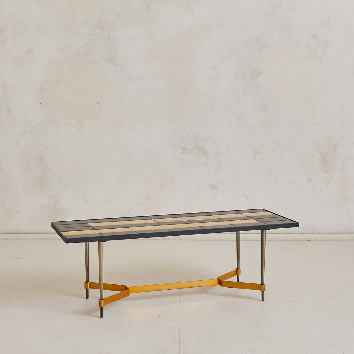 French Gilt + Black Tile-Top Coffee Table with Metal Base, 1970s
