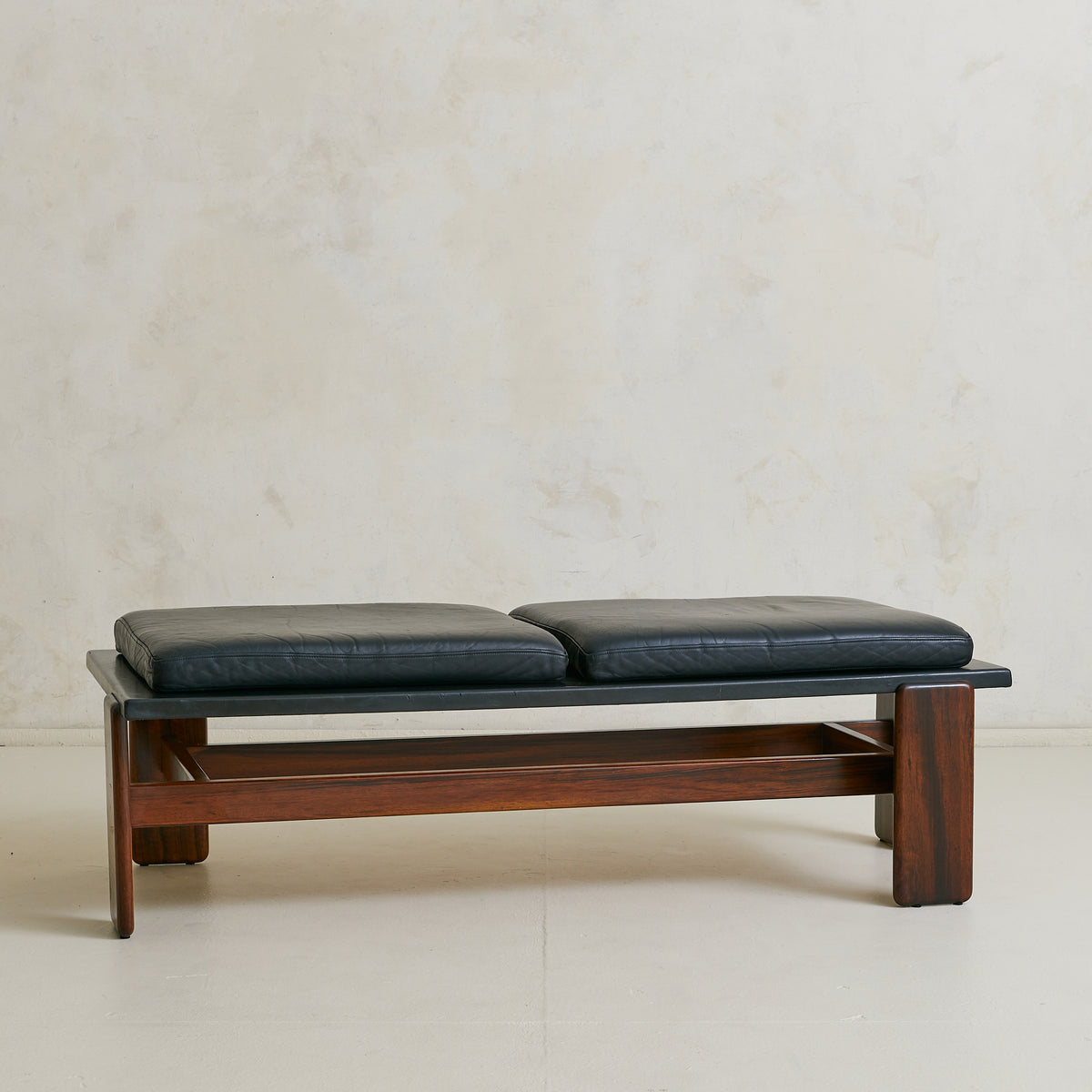Italian Wood + Black Leather Bench Attributed to Afra & Tobia Scarpa,