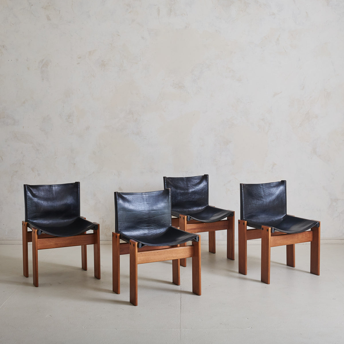 Set of 4 Italian 'Monk' Chairs in Black Leather by Afra & Tobia Scarpa