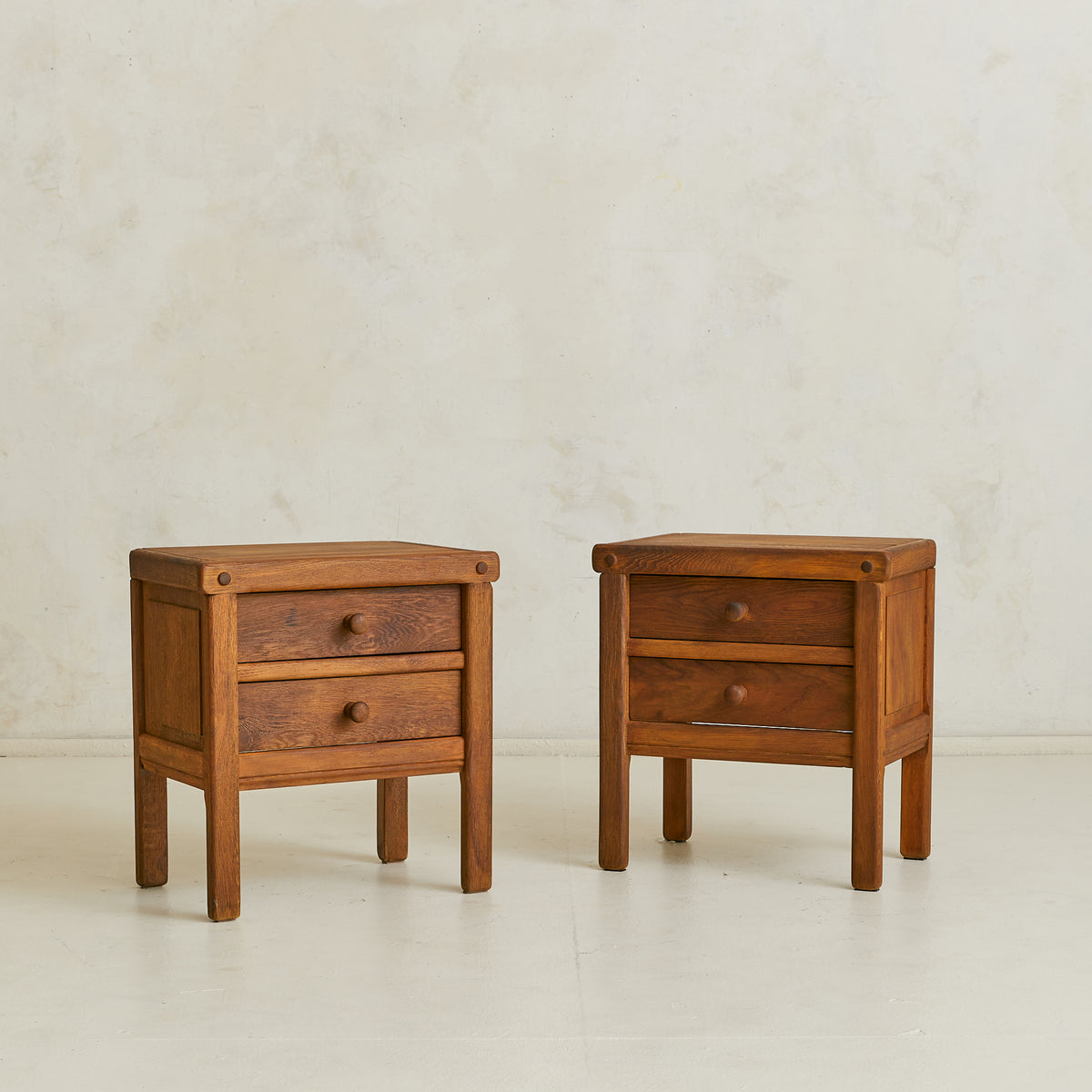 Belgian Brutalist Oak Two-Drawer Bedside Table, 1960s - 2 Available