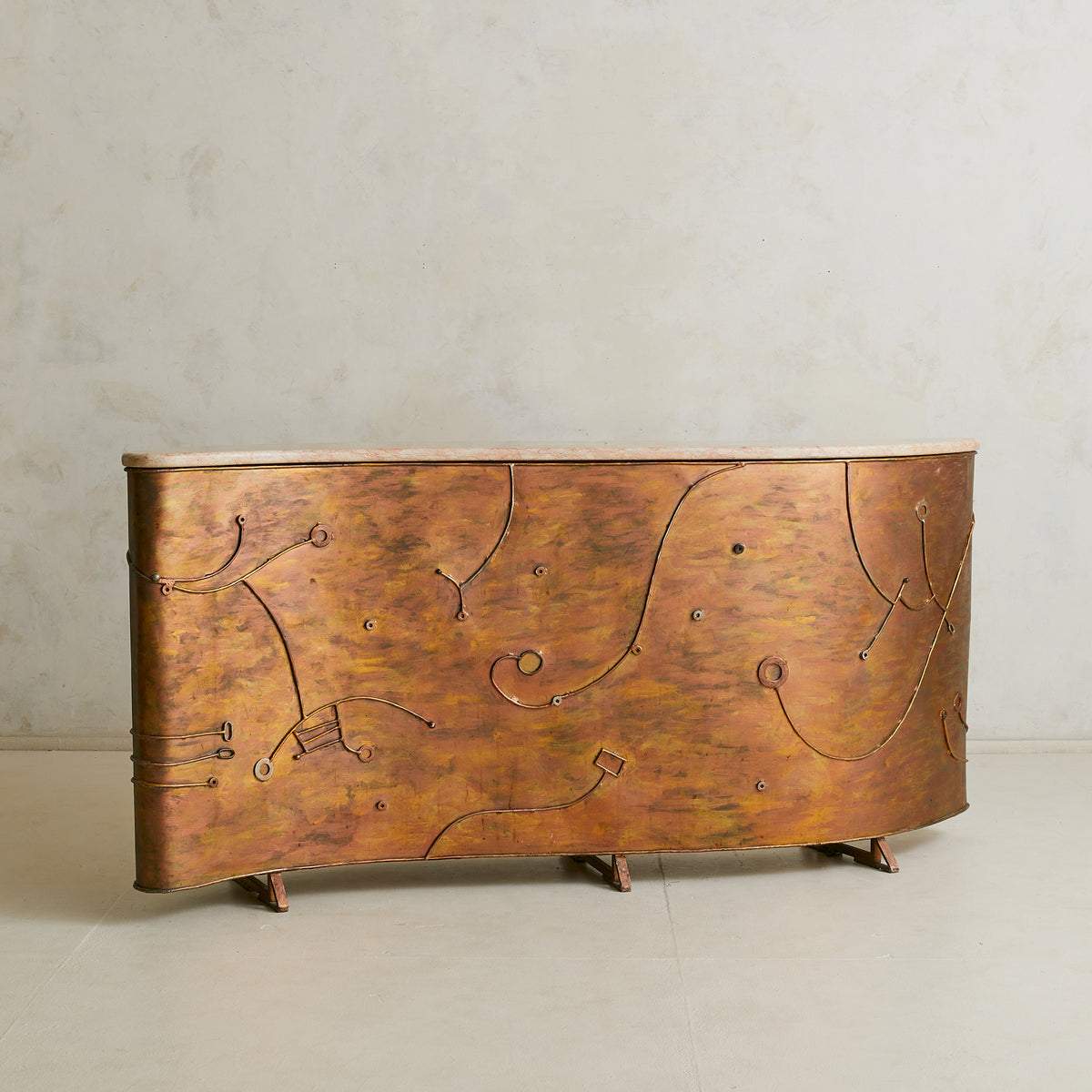 Vintage Custom Italian Metal Bar Cabinet with Blush Marble Top
