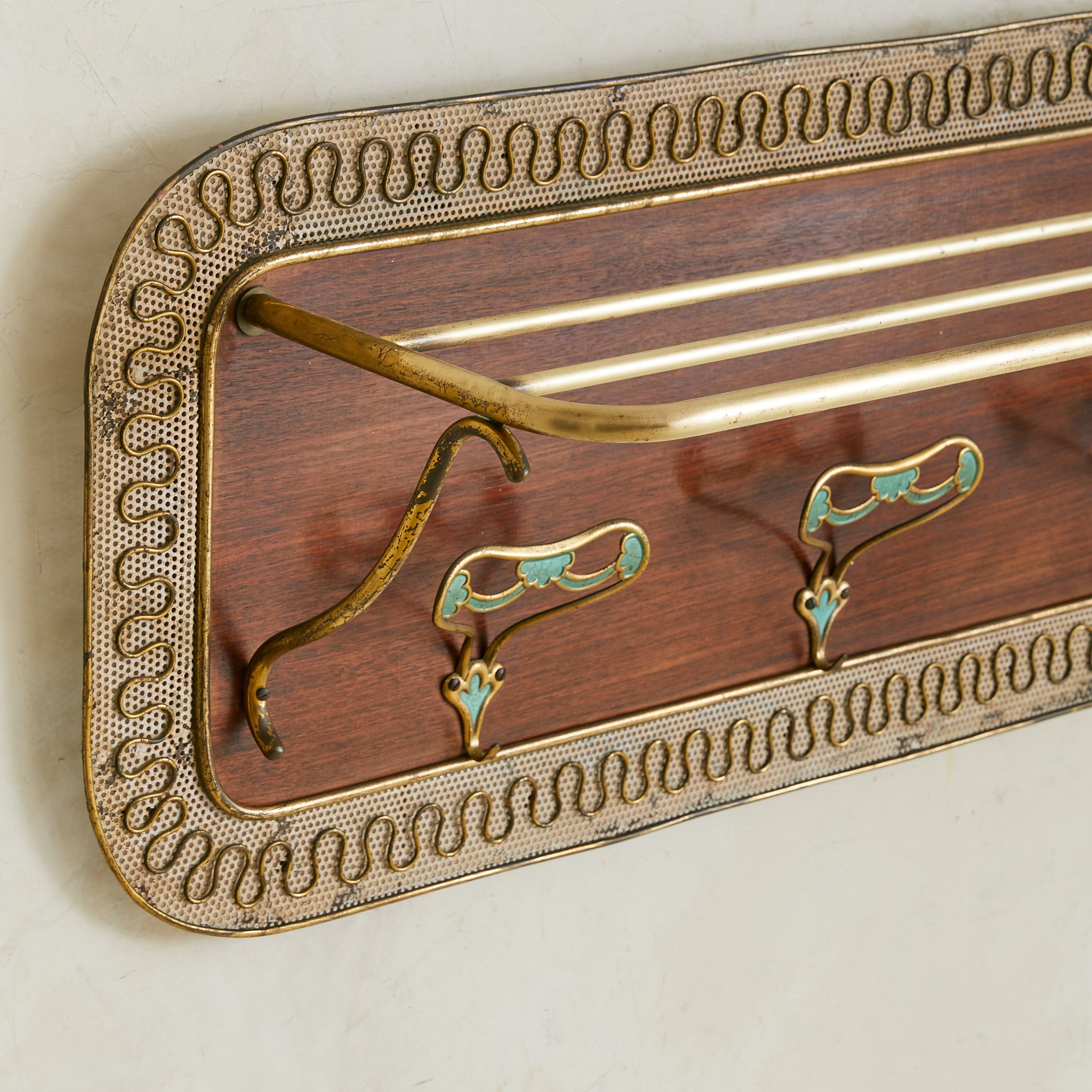 French Ivory Perforated Metal + Brass Coat Rack, 1950s