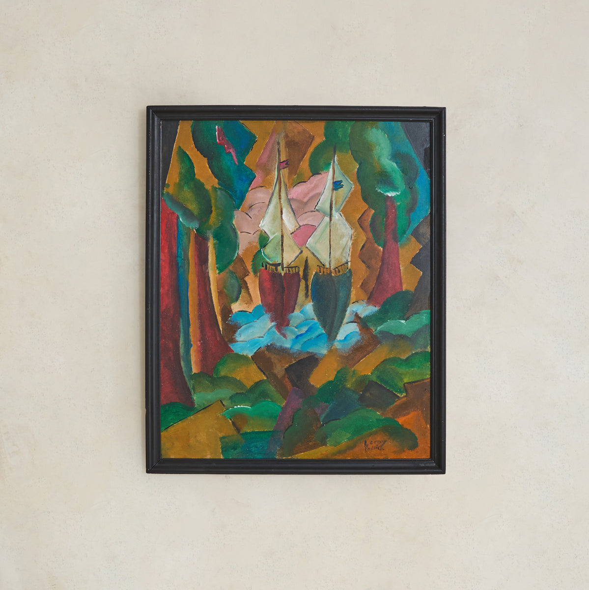 French Oil on Board Cubist Seascape Painting by Patrick Leroy, 1970s