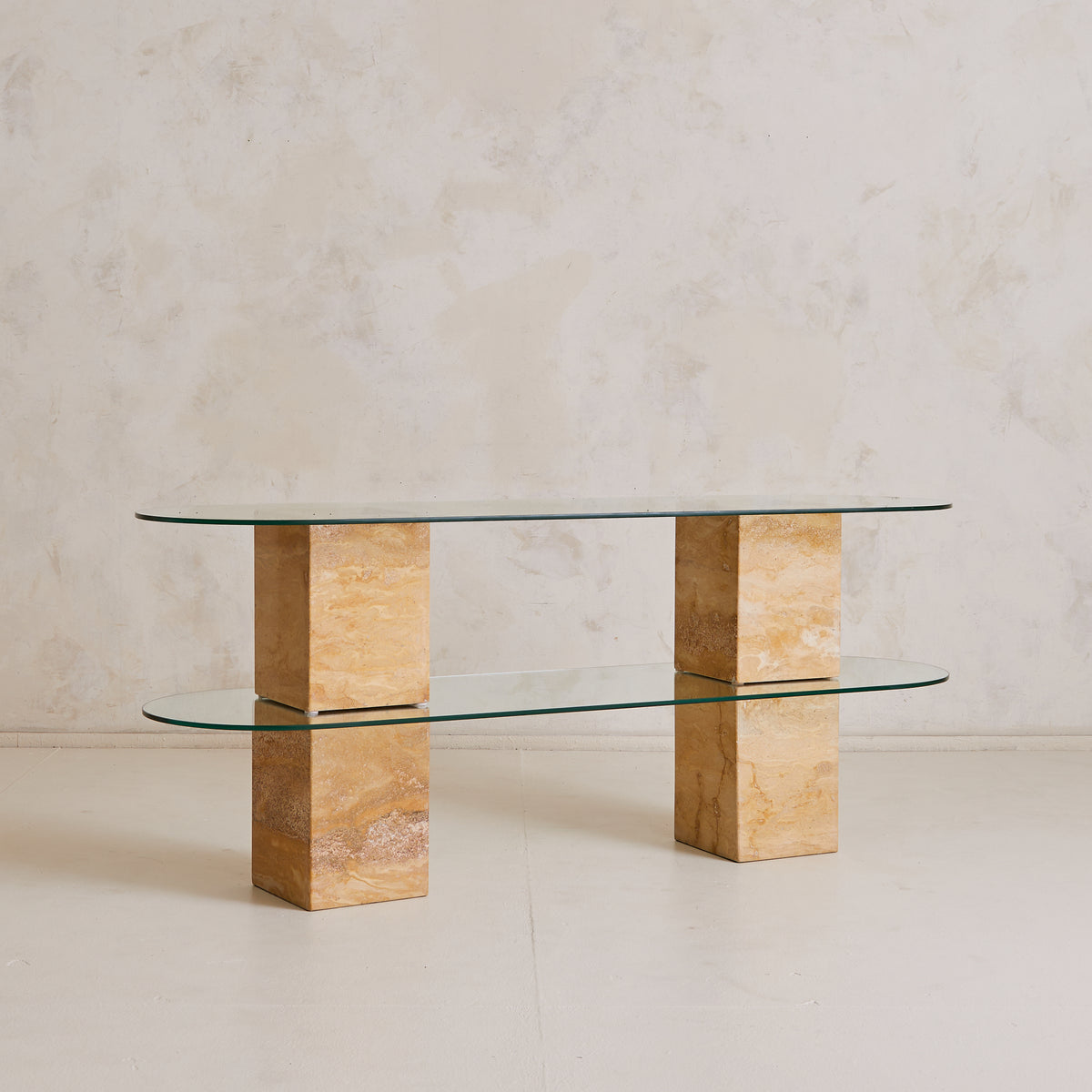 Italian Two-Tier Pill Shaped Glass + Travertine Console, 1970s