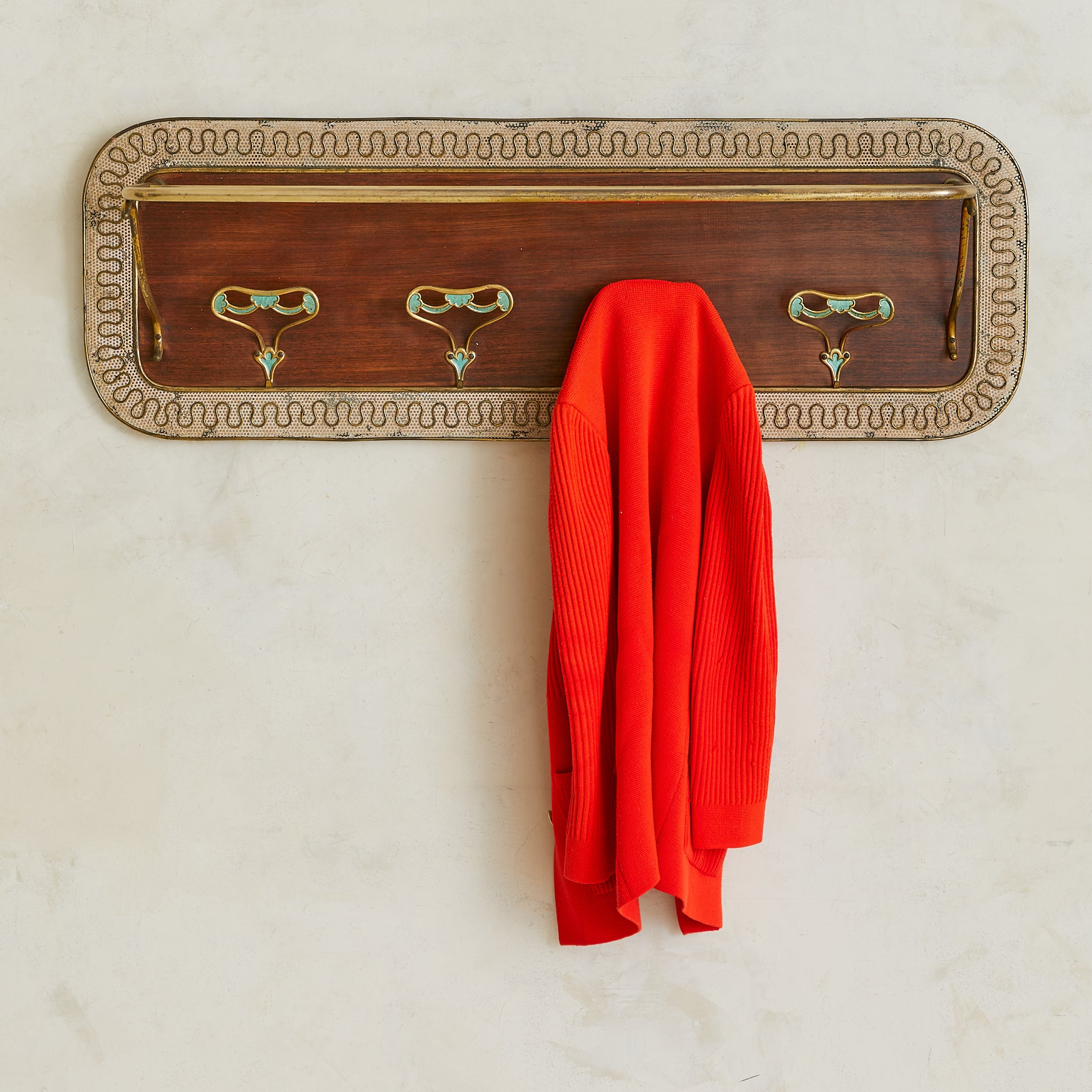 French Ivory Perforated Metal + Brass Coat Rack, 1950s