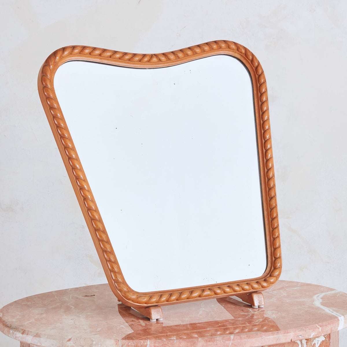 Petite Hand-Carved Wood Table or Vanity Mirror, Italy 1970s