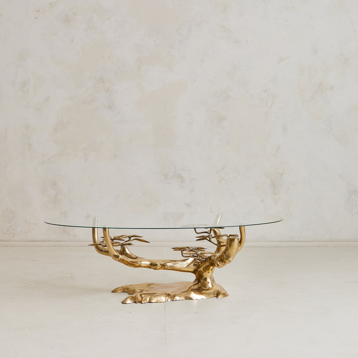 Belgian Brass Bonsai Coffee Table with Ellipse Glass Top by Willy Daro