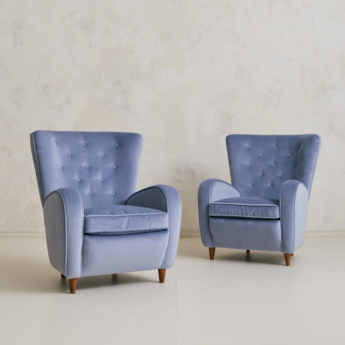 Italian Cornflower Blue Velvet Lounge Chair in the Manner of Paolo Buf
