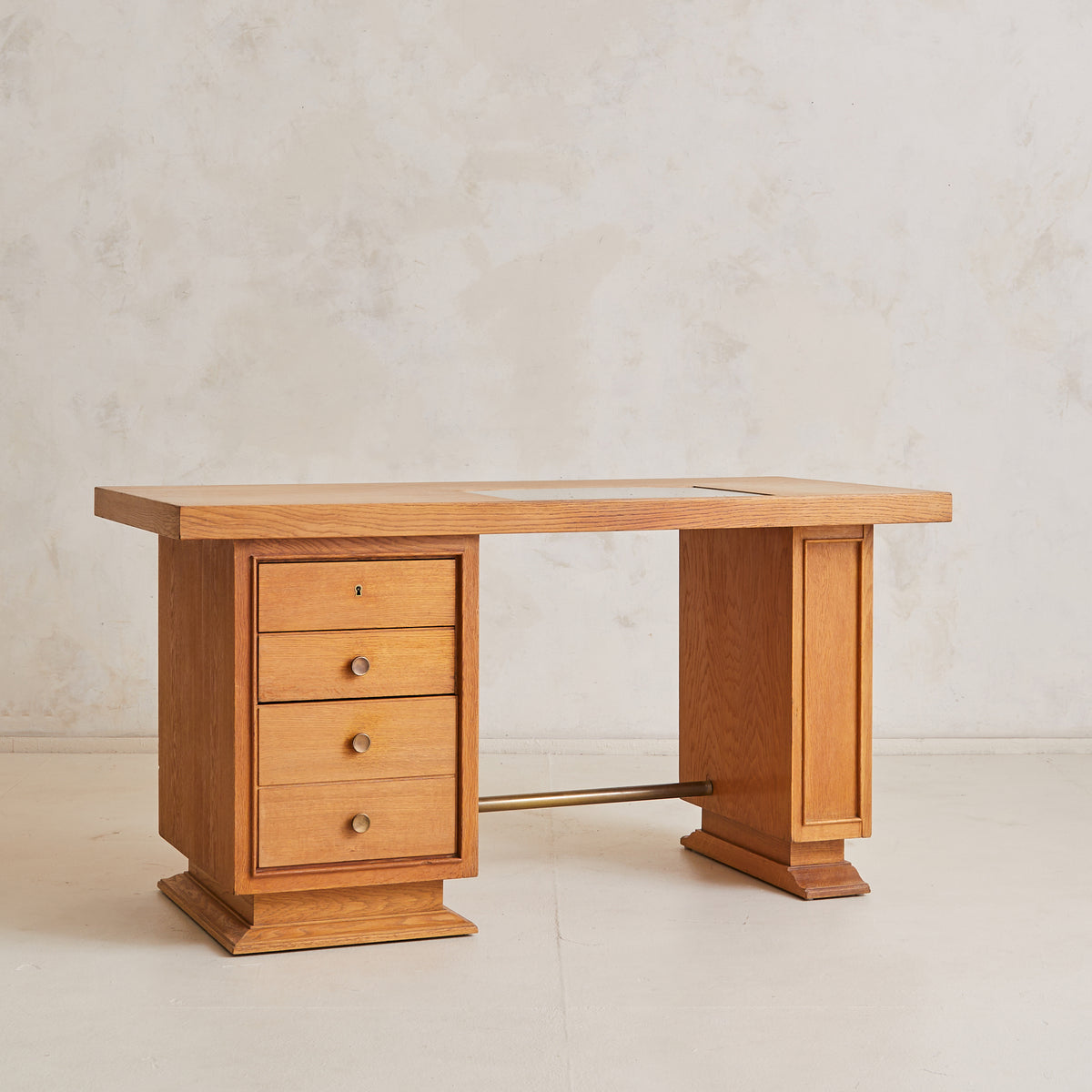 French Oak Architect’s Desk with Inset Glass Top, 1950s