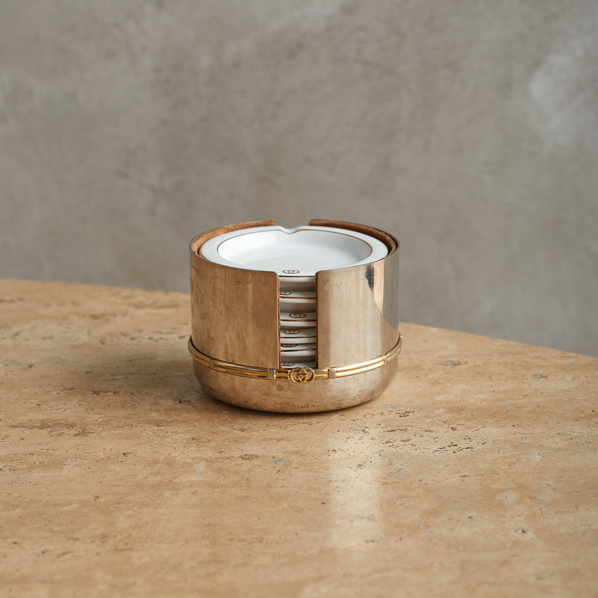 Set of 6 Petite Gucci Porcelain Plates in Silver Holder, 1970s