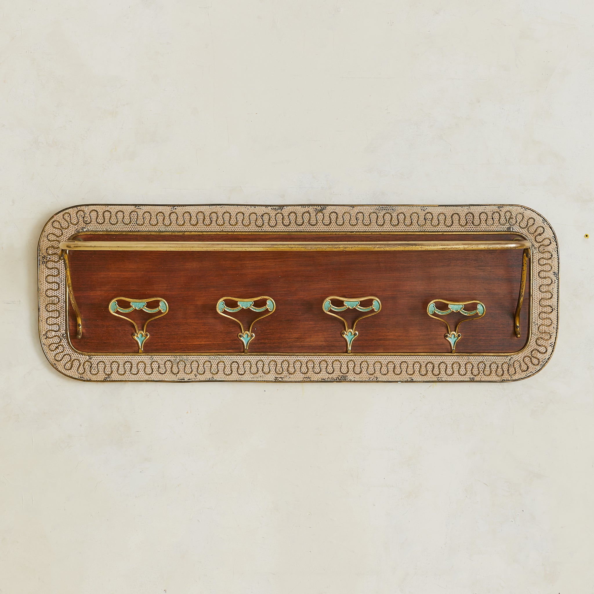 French Ivory Perforated Metal + Brass Coat Rack, 1950s