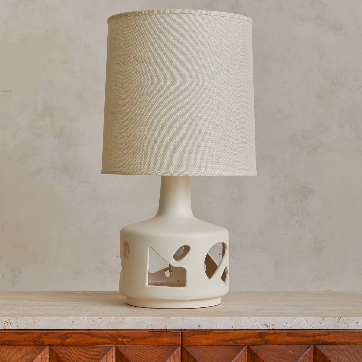 French Ivory Ceramic Table Lamp with Cut-Out Motifs, 1960s