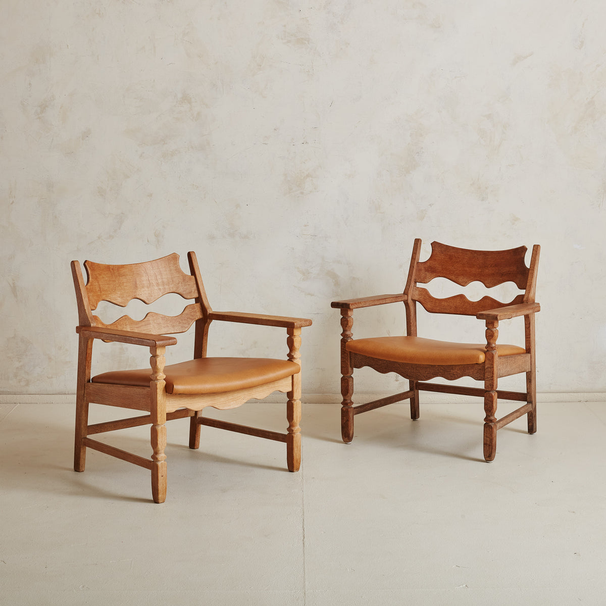 Oak + Camel Leather 'Razorblade' Armchairs Attributed to Henning Kjaer