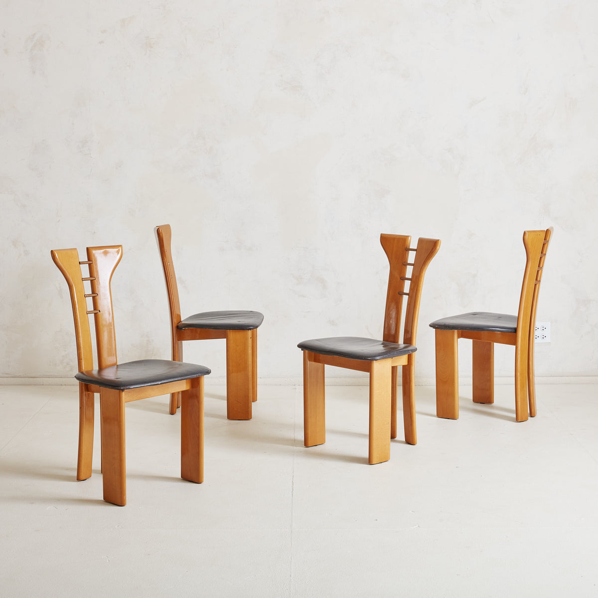 Set of 4 Wood + Black Leather Dining Chairs Attributed to Pierre Cardi
