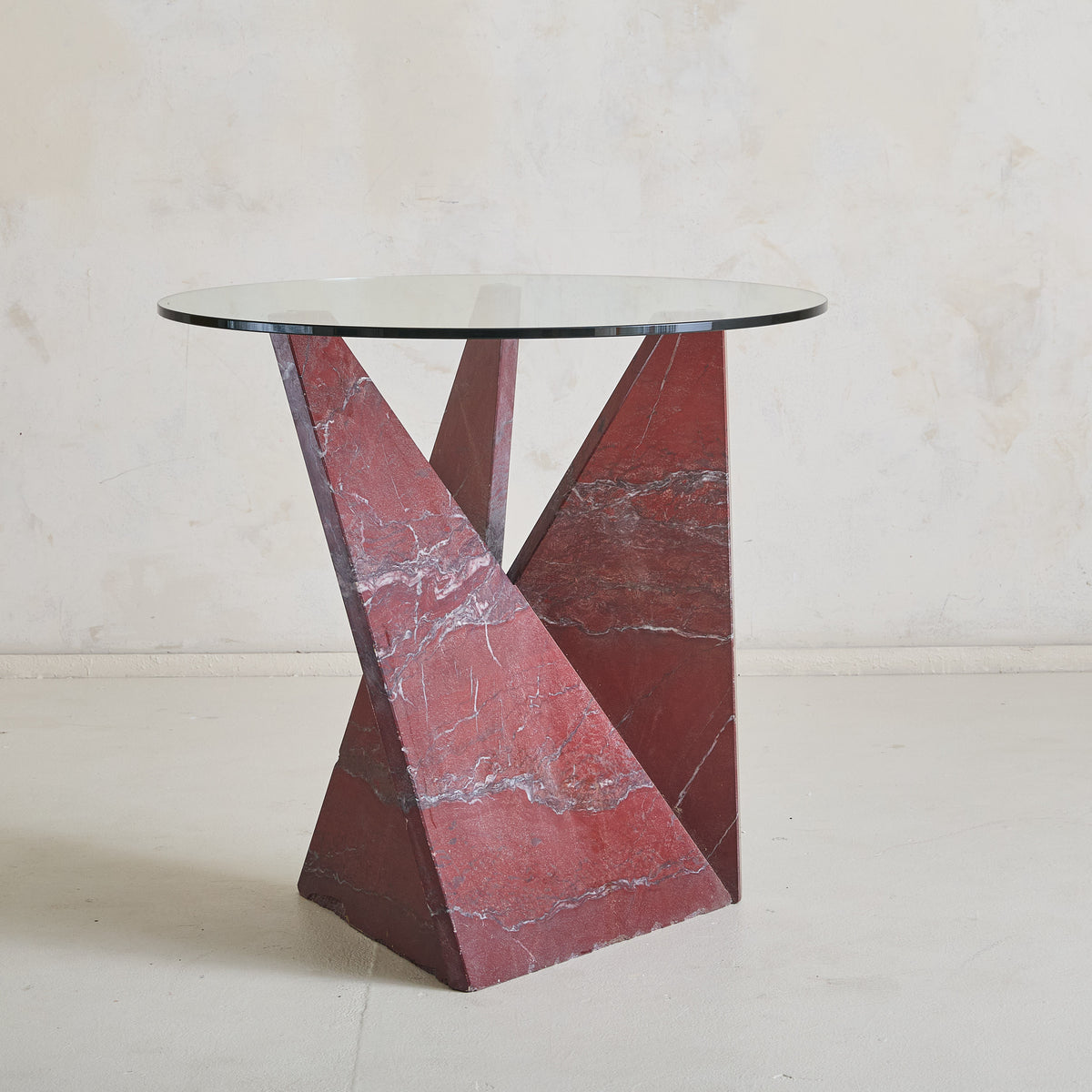 Italian Red Marble Base Side or Center Table with Round Glass Top, 197