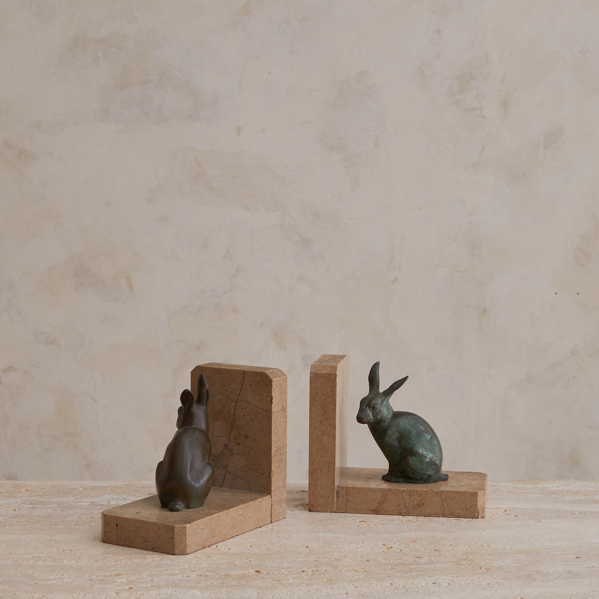 Pair of French Art Deco Marble + Bronze Rabbit Bookends, 1930s