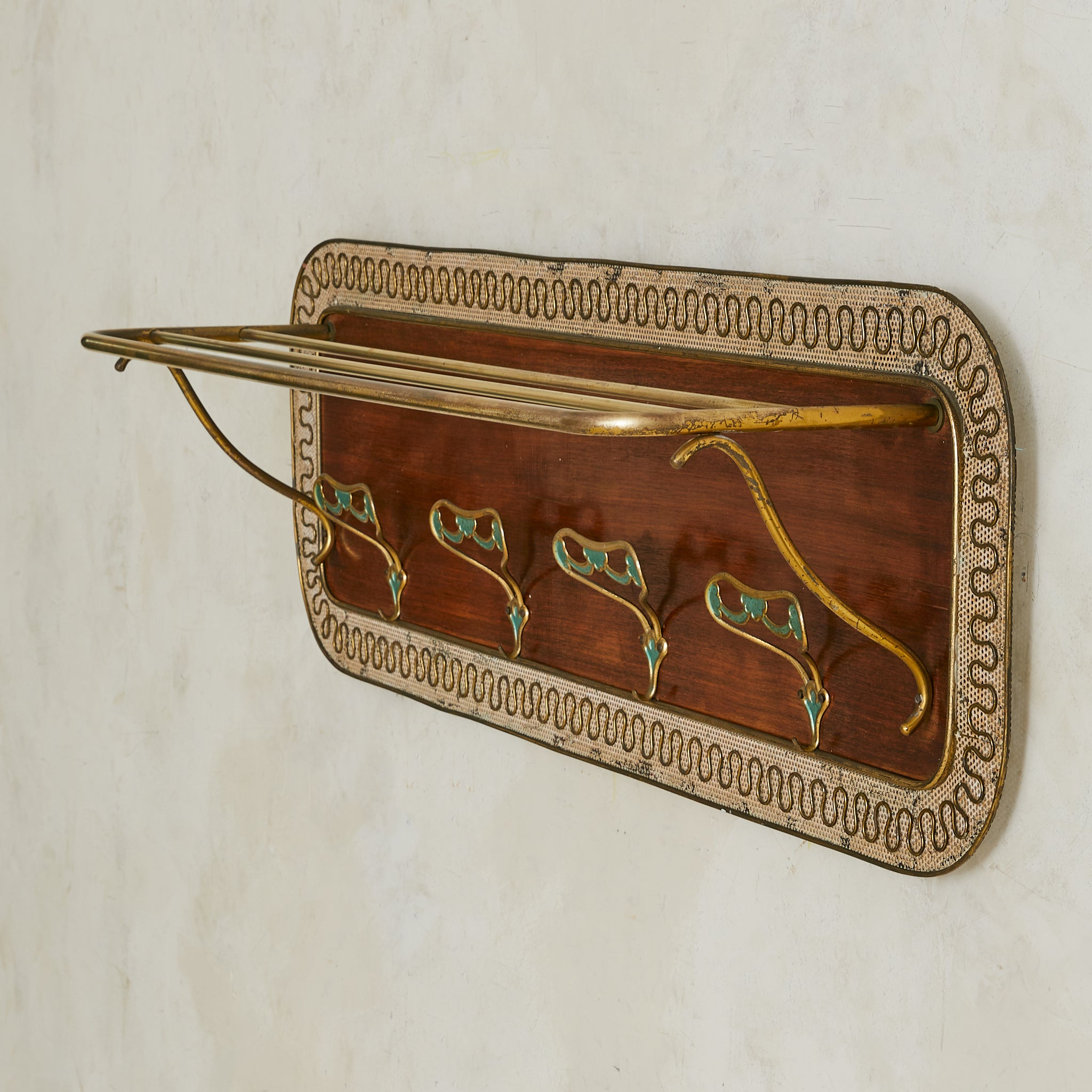 French Ivory Perforated Metal + Brass Coat Rack, 1950s