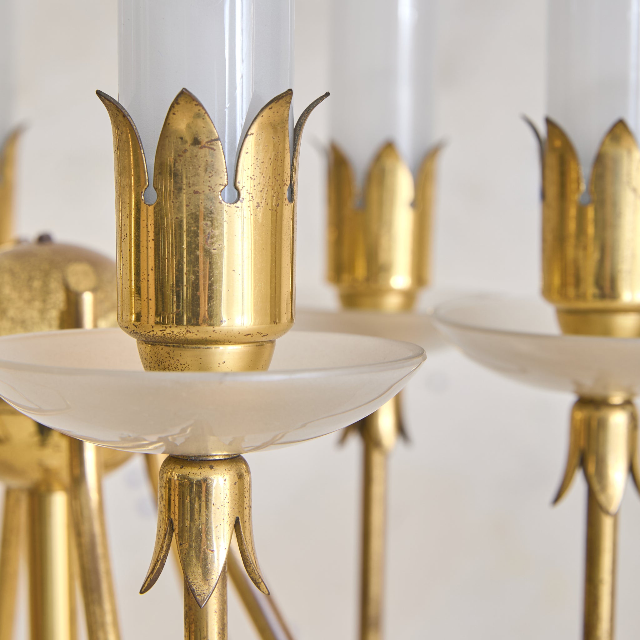Italian Brass + Opaline Glass Floor Lamp by Angelo Lelii for Arredoluc