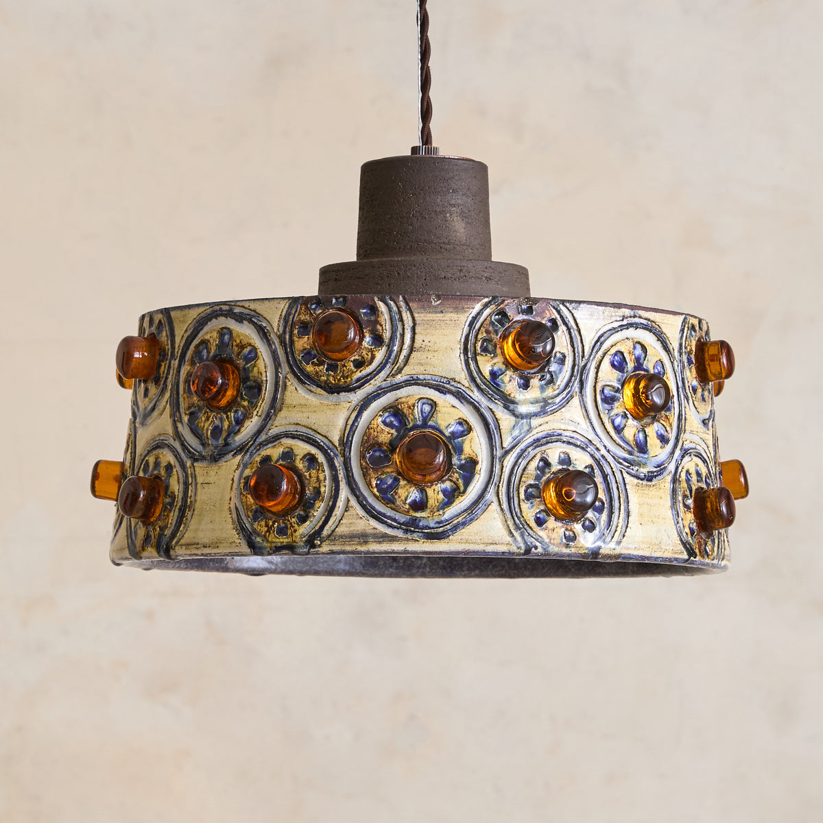 Danish Ceramic Pendant Light with Amber Glass by Jette Helleroe for Ax