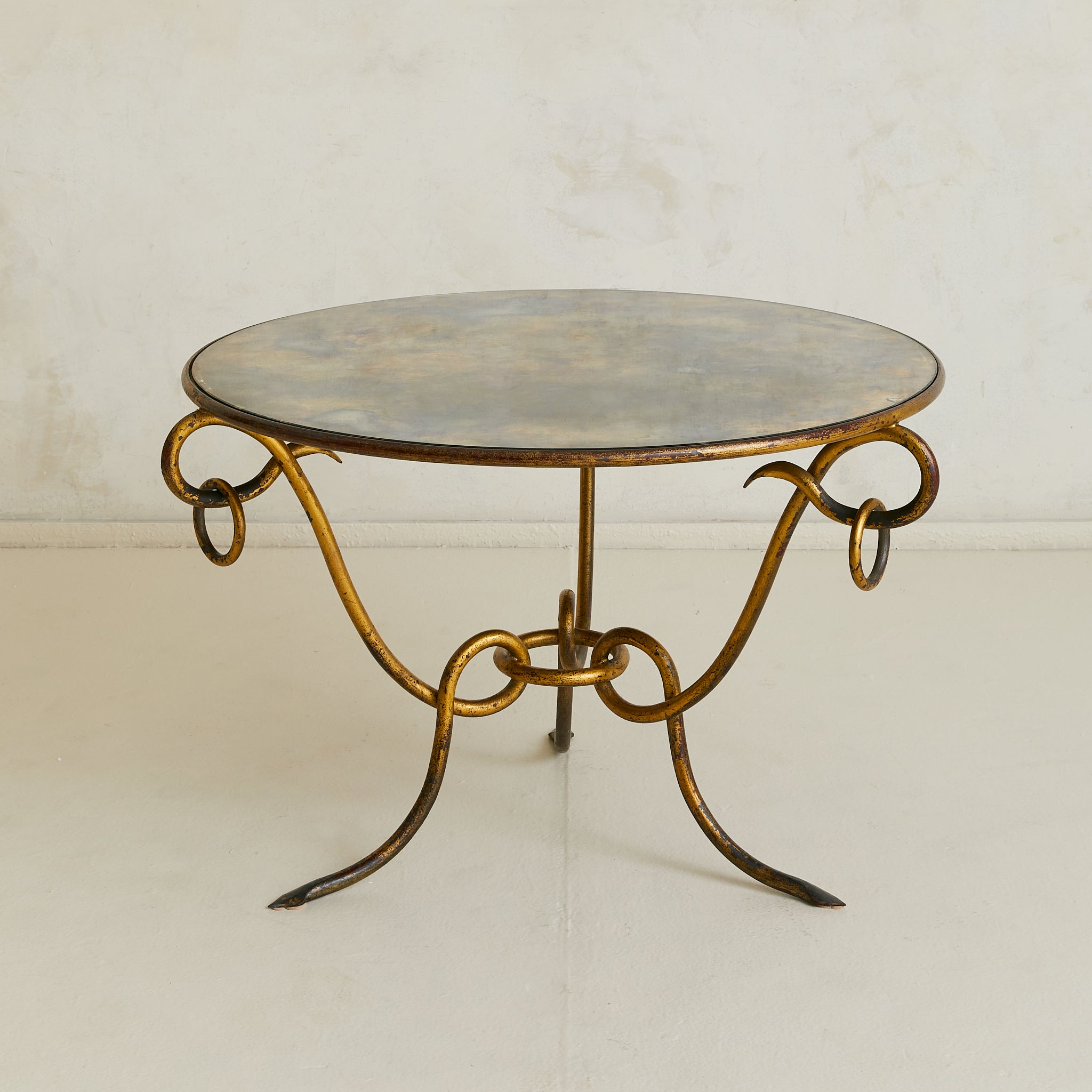 French Gilt Iron Coffee Table with Églomisé Mirror by René Drouet, 194