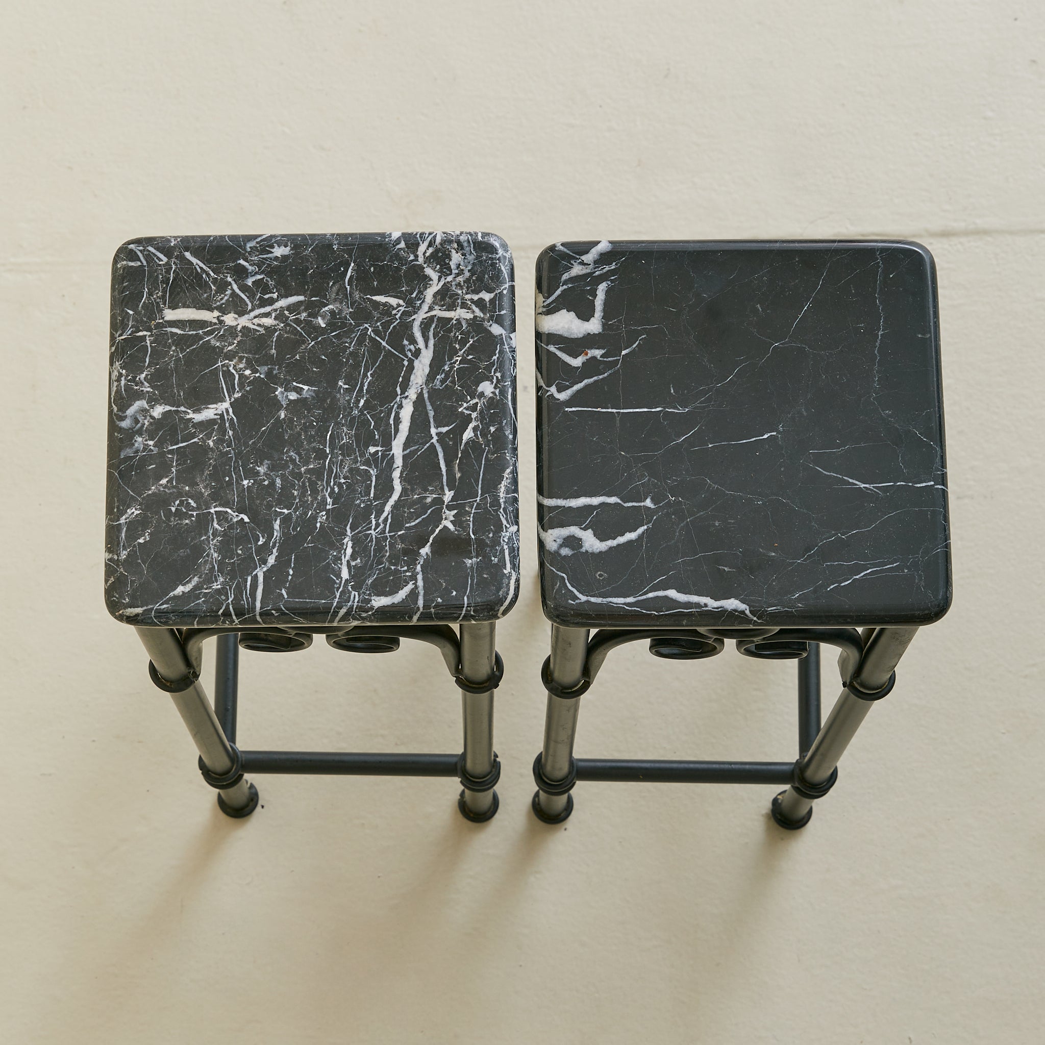 French Black Marble + Metal Side Table, 1950s - 2 Available