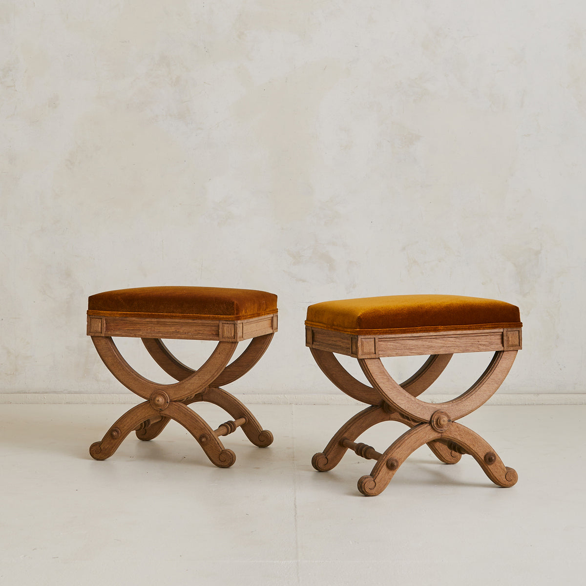 French Carved Oak Low Stool with Copper Velvet Upholstery, 19th Centur