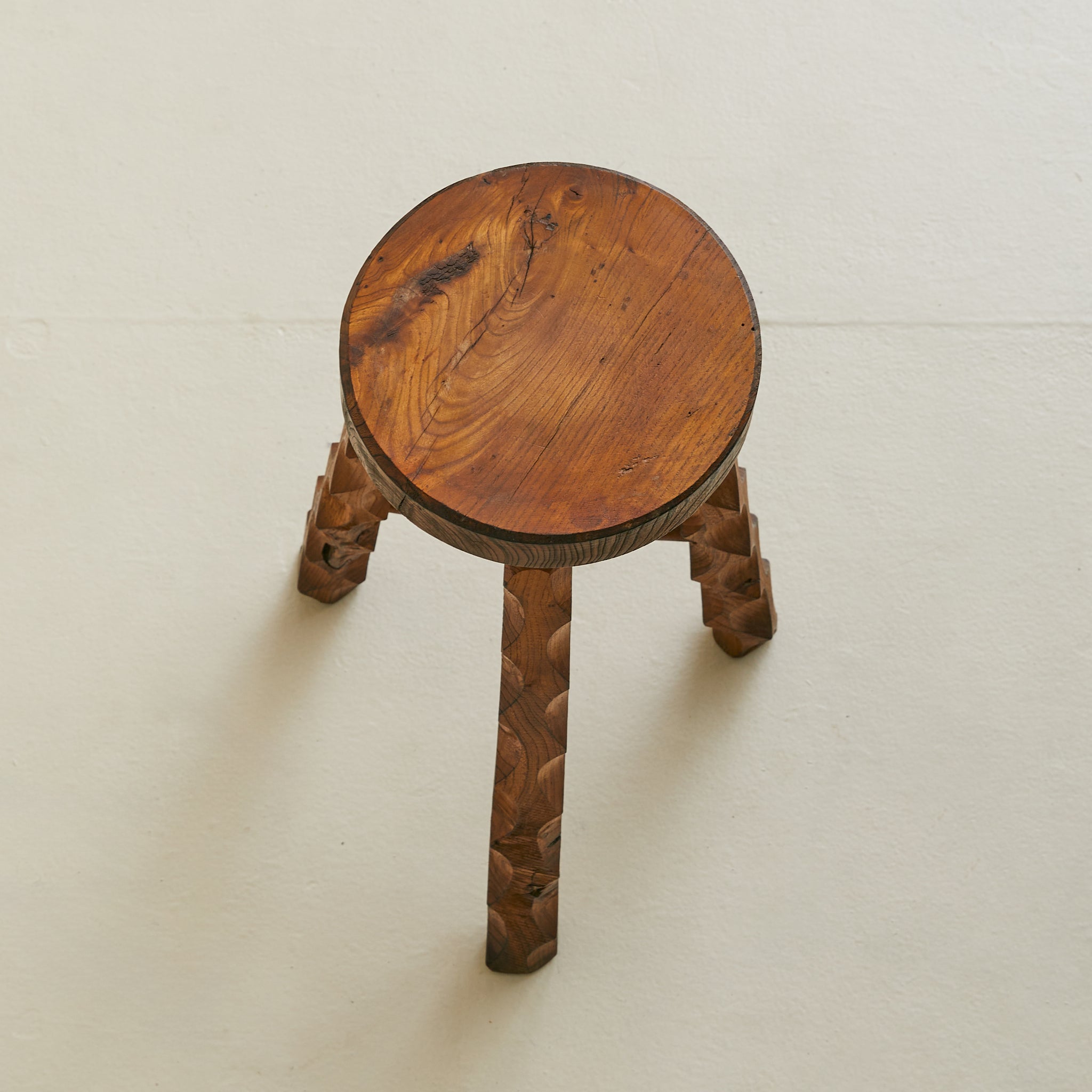 French Faceted Wood Stool, 1960s