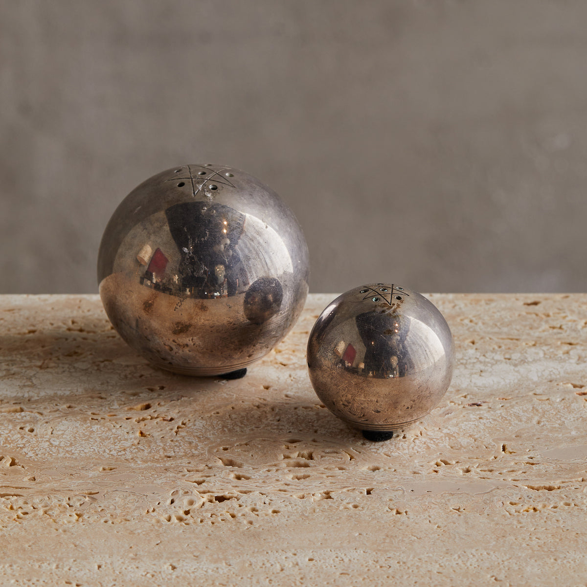 Pair of Vintage French Silver-Plated Spherical Salt + Pepper Shakers b