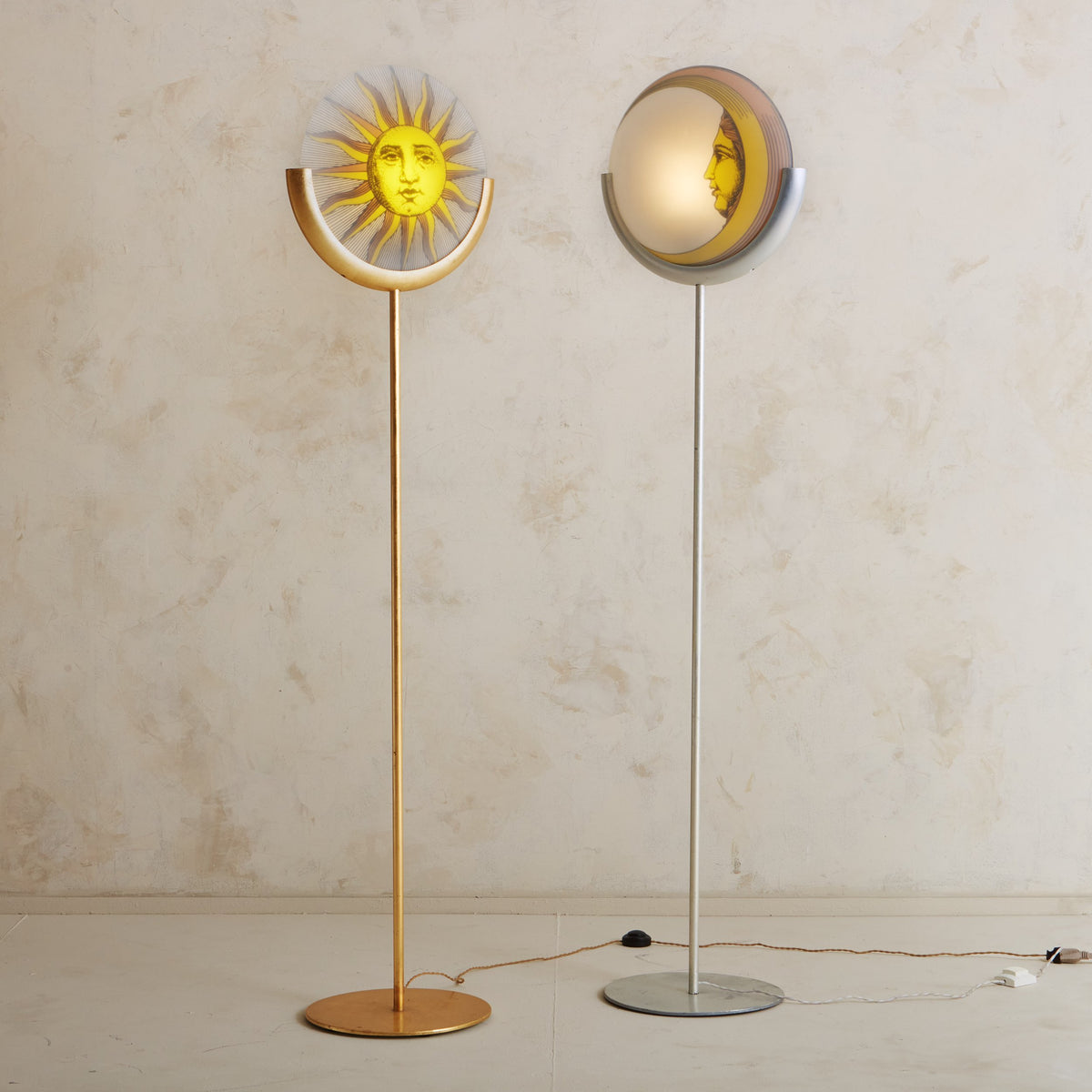 Pair of Sun + Moon Floor Lamps Attributed to Piero Fornasetti, Italy 1